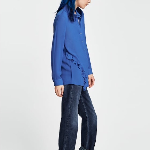 Zara | Tops | Zara Cobalt Blue Ruffled Shirt | Poshmark
